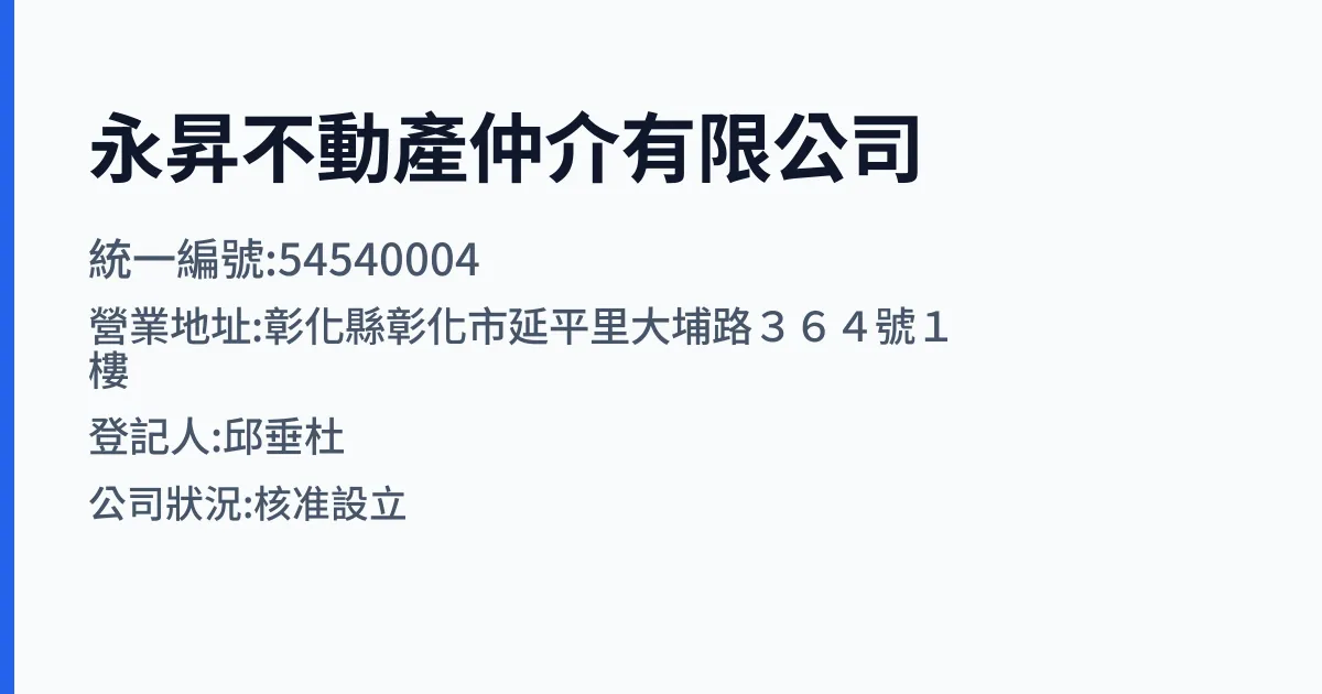 永昇不動產仲介有限公司 - 統編 54540004(彰化縣) 公司登記資料與營業項目詳細圖表