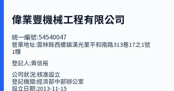 偉業豐機械工程有限公司的照片-統編 54540047(雲林縣) 公司登記資料與營業項目詳細圖表