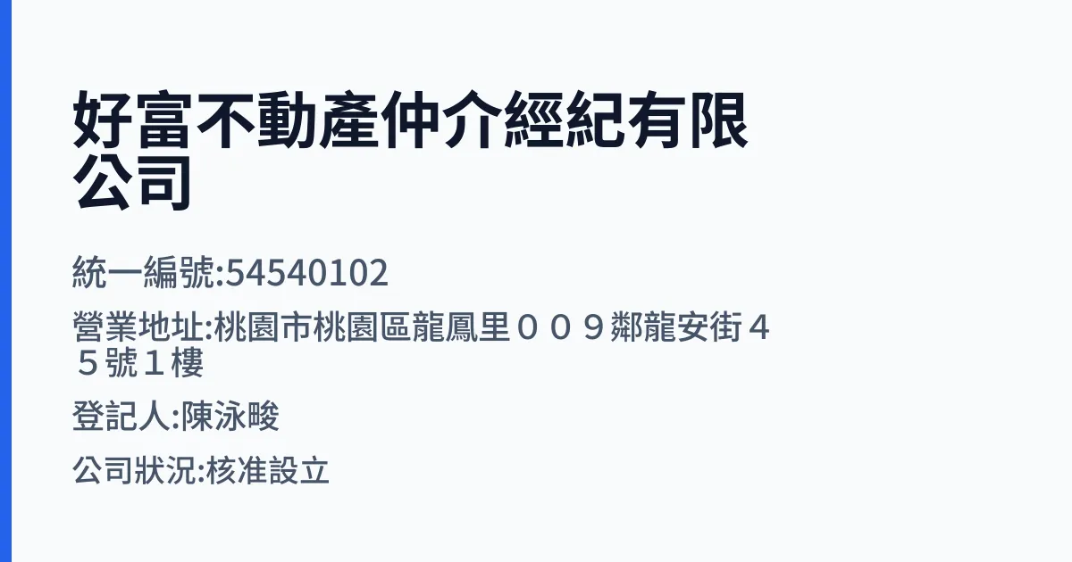 好富不動產仲介經紀有限公司 - 統編 54540102(桃園市) 公司登記資料與營業項目詳細圖表