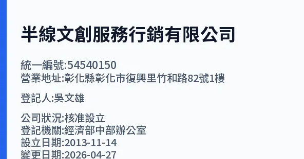 半線文創服務行銷有限公司的照片-統編 54540150(彰化縣) 公司登記資料與營業項目詳細圖表