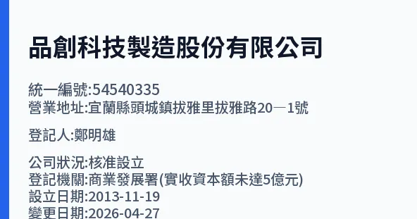 品創科技製造股份有限公司的照片-統編 54540335(宜蘭縣) 公司登記資料與營業項目詳細圖表