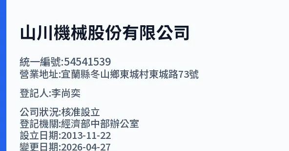 山川機械股份有限公司的照片-統編 54541539(宜蘭縣) 公司登記資料與營業項目詳細圖表
