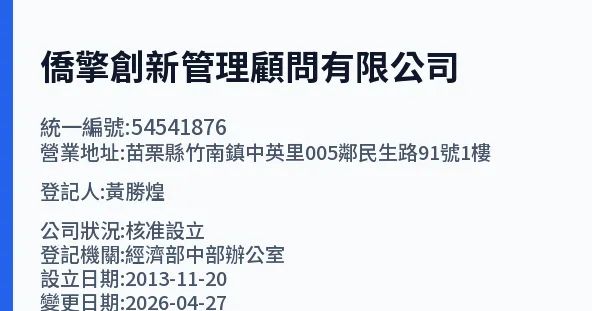 僑擎創新管理顧問有限公司的照片-統編 54541876(苗栗縣) 公司登記資料與營業項目詳細圖表