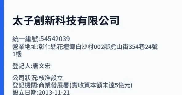 太子創新科技有限公司的照片-統編 54542039(彰化縣) 公司登記資料與營業項目詳細圖表