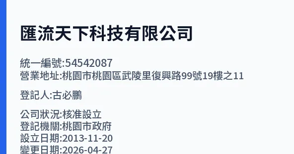 匯流天下科技有限公司的照片-統編 54542087(桃園市) 公司登記資料與營業項目詳細圖表