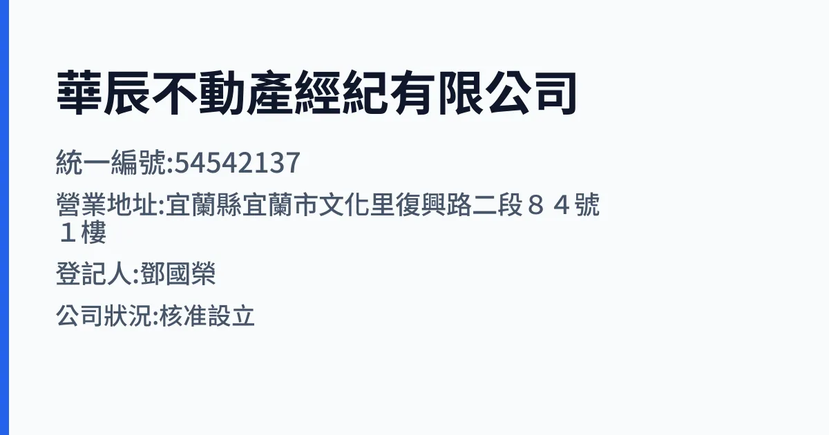 華辰不動產經紀有限公司 - 統編 54542137(宜蘭縣) 公司登記資料與營業項目詳細圖表