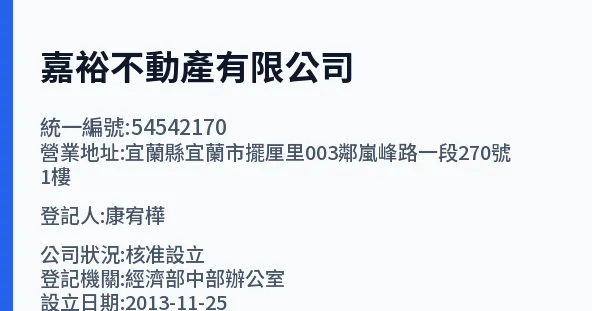 嘉裕不動產有限公司的照片-統編 54542170(宜蘭縣) 公司登記資料與營業項目詳細圖表