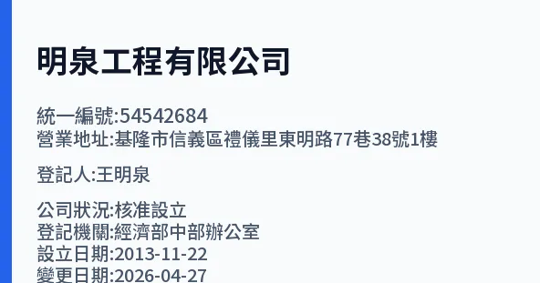 明泉工程有限公司的照片-統編 54542684(基隆市) 公司登記資料與營業項目詳細圖表