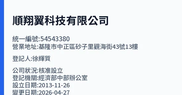 順翔翼科技有限公司的照片-統編 54543380(基隆市) 公司登記資料與營業項目詳細圖表