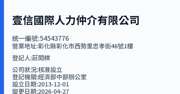 壹信國際人力仲介有限公司的照片-統編 54543776(彰化縣) 公司登記資料與營業項目詳細圖表