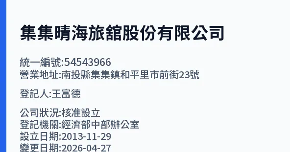 集集晴海旅舘股份有限公司的照片-統編 54543966(南投縣) 公司登記資料與營業項目詳細圖表