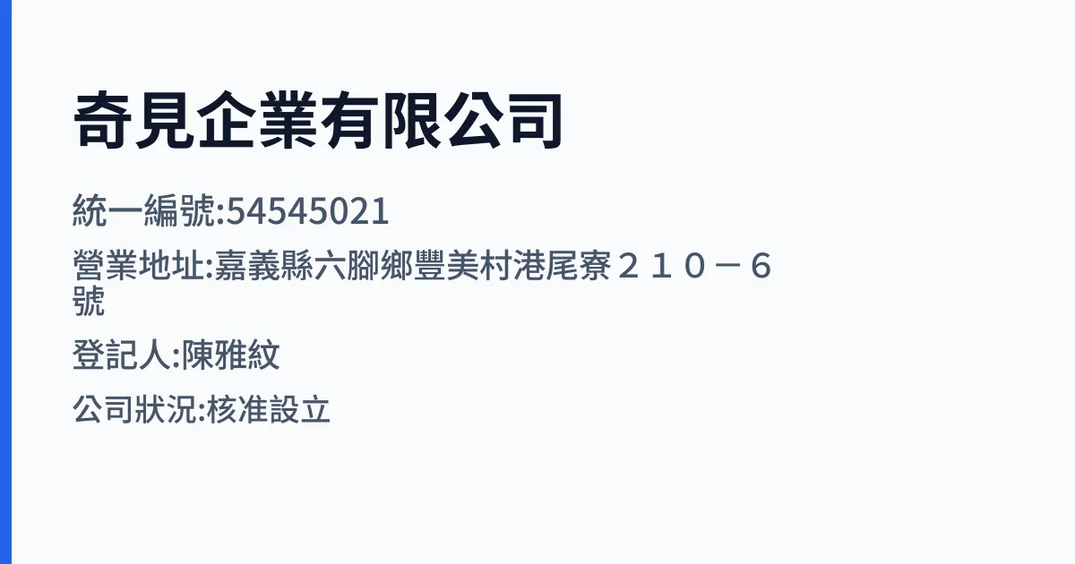 奇見企業有限公司 - 統編 54545021(嘉義縣) 公司登記資料與營業項目詳細圖表