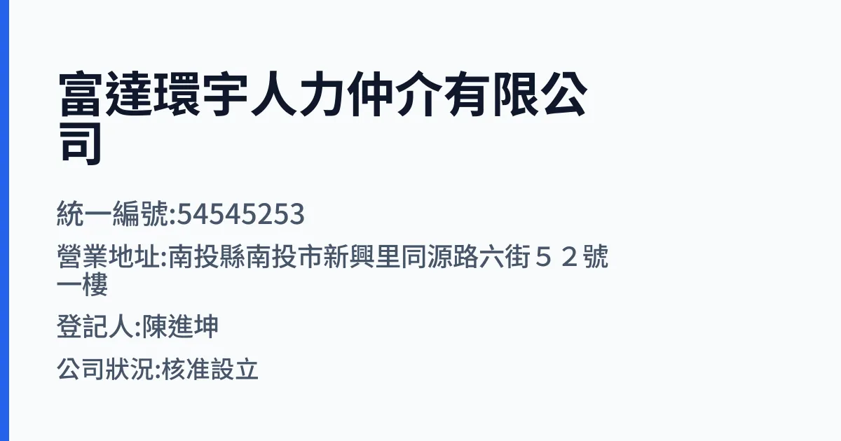 富達環宇人力仲介有限公司 - 統編 54545253（南投縣） 公司登記資料與營業項目詳細圖表