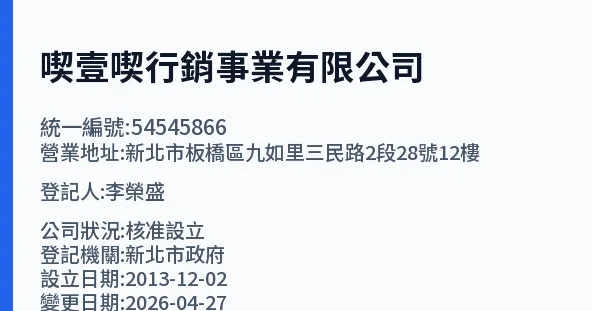喫壹喫行銷事業有限公司的照片-統編 54545866(新北市) 公司登記資料與營業項目詳細圖表
