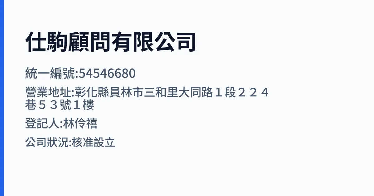 仕駒顧問有限公司 - 統編 54546680(彰化縣) 公司登記資料與營業項目詳細圖表