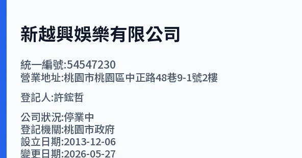 新越興娛樂有限公司的照片-統編 54547230(桃園市) 公司登記資料與營業項目詳細圖表