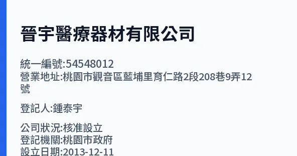 晉宇醫療器材有限公司的照片-統編 54548012(桃園市) 公司登記資料與營業項目詳細圖表
