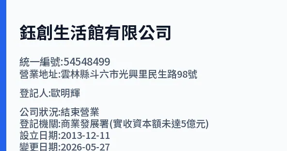 鈺創生活館有限公司的照片-統編 54548499(雲林縣) 公司登記資料與營業項目詳細圖表