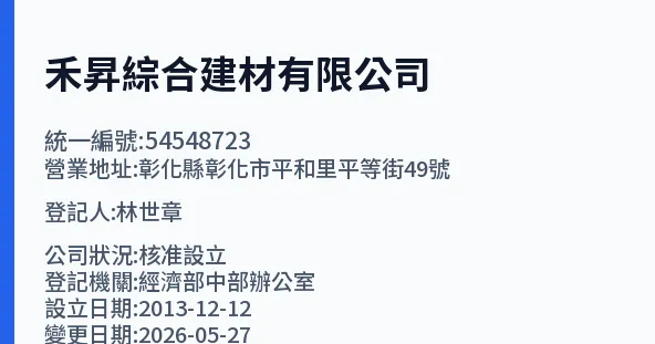 禾昇綜合建材有限公司的照片-統編 54548723(彰化縣) 公司登記資料與營業項目詳細圖表