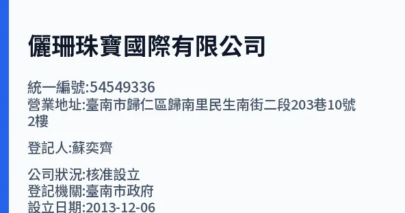 儷珊珠寶國際有限公司的照片-統編 54549336(臺南市) 公司登記資料與營業項目詳細圖表