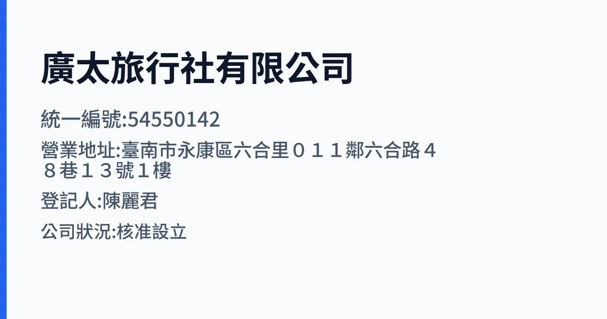 廣太旅行社有限公司 - 統編 54550142(臺南市) 公司登記資料與營業項目詳細圖表