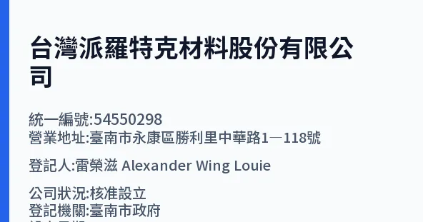 台灣派羅特克材料股份有限公司的照片-統編 54550298(臺南市) 公司登記資料與營業項目詳細圖表