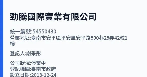 勁騰國際實業有限公司的照片-統編 54550430(臺南市) 公司登記資料與營業項目詳細圖表