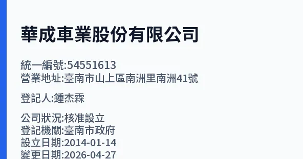 華成車業股份有限公司的照片-統編 54551613(臺南市) 公司登記資料與營業項目詳細圖表