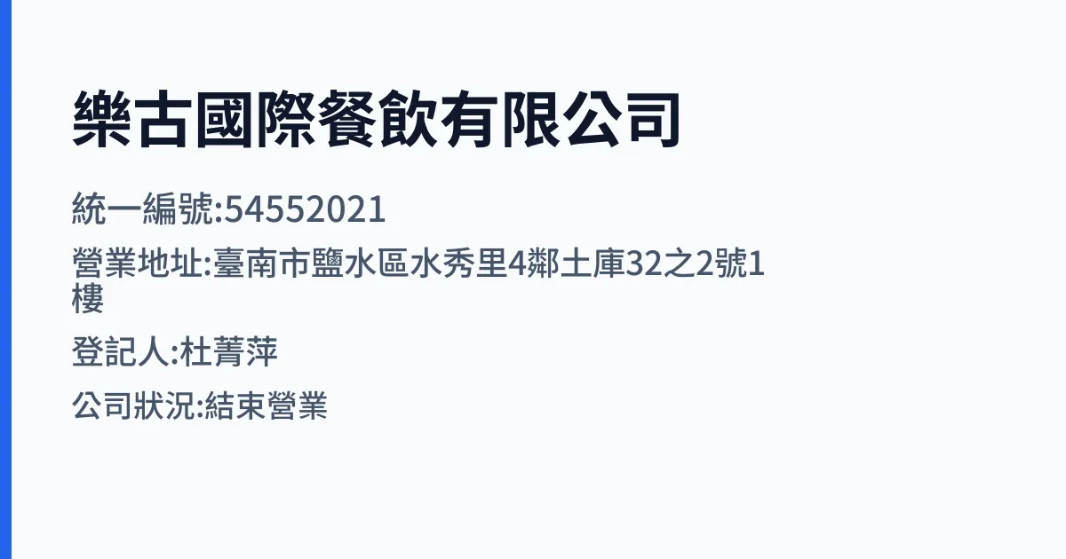 樂古國際餐飲有限公司 - 統編 54552021(臺南市) 公司登記資料與營業項目詳細圖表