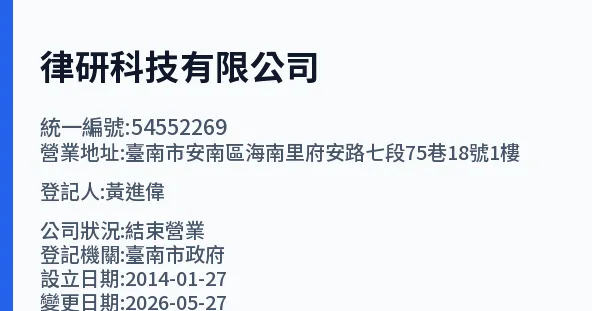 律研科技有限公司的照片-統編 54552269(臺南市) 公司登記資料與營業項目詳細圖表