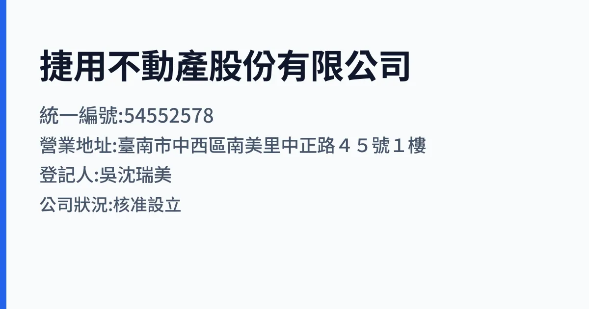 捷用不動產股份有限公司 - 統編 54552578(臺南市) 公司登記資料與營業項目詳細圖表