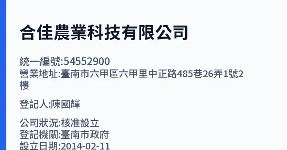 合佳農業科技有限公司的照片-統編 54552900(臺南市) 公司登記資料與營業項目詳細圖表