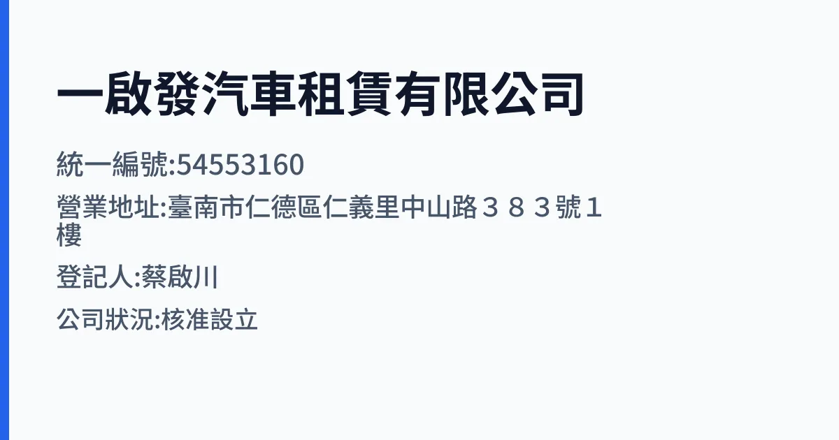 一啟發汽車租賃有限公司 - 統編 54553160（臺南市） 公司登記資料與營業項目詳細圖表