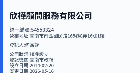 欣樺顧問服務有限公司的照片-統編 54553324(臺南市) 公司登記資料與營業項目詳細圖表