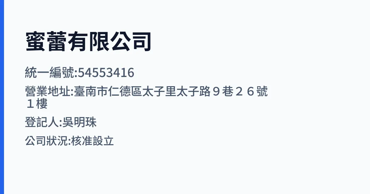 蜜蕾有限公司 - 統編 54553416(臺南市) 公司登記資料與營業項目詳細圖表