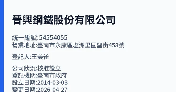 晉興鋼鐵股份有限公司的照片-統編 54554055(臺南市) 公司登記資料與營業項目詳細圖表