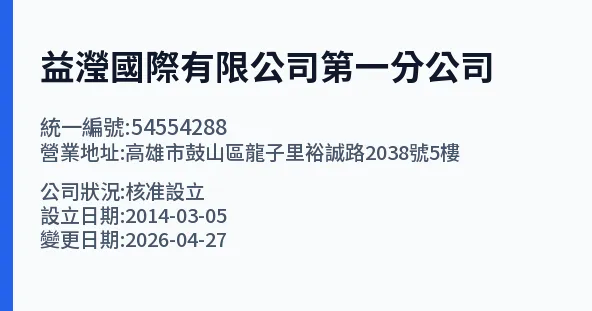 益瀅國際有限公司第一分公司的照片-統編 54554288(高雄市) 公司登記資料與營業項目詳細圖表