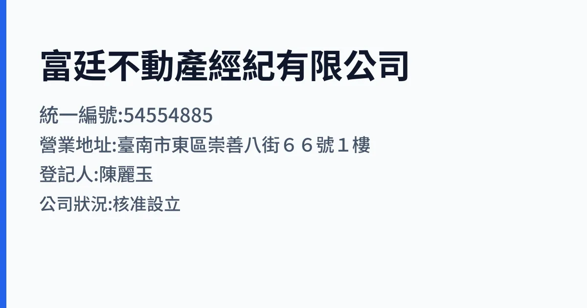 富廷不動產經紀有限公司 - 統編 54554885(臺南市) 公司登記資料與營業項目詳細圖表