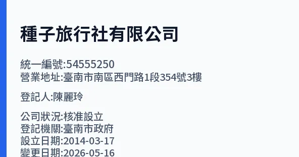 種子旅行社有限公司的照片-統編 54555250(臺南市) 公司登記資料與營業項目詳細圖表