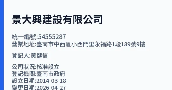 景大興建設有限公司的照片-統編 54555287(臺南市) 公司登記資料與營業項目詳細圖表