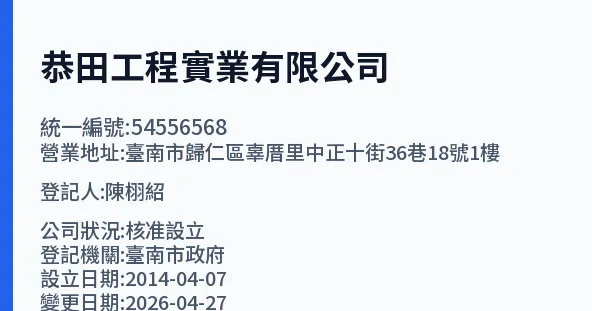 恭田工程實業有限公司的照片-統編 54556568(臺南市) 公司登記資料與營業項目詳細圖表
