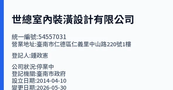 世總室內裝潢設計有限公司的照片-統編 54557031(臺南市) 公司登記資料與營業項目詳細圖表