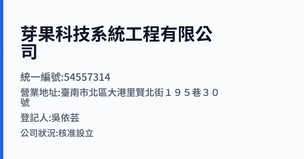 芽果科技系統工程有限公司 - 統編 54557314(臺南市) 公司登記資料與營業項目詳細圖表