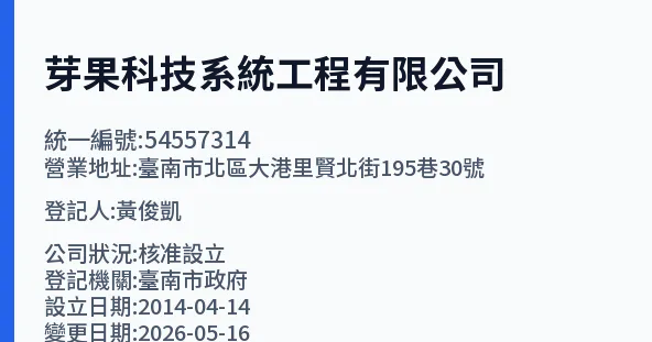 芽果科技系統工程有限公司的照片-統編 54557314(臺南市) 公司登記資料與營業項目詳細圖表
