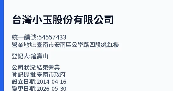 台灣小玉股份有限公司的照片-統編 54557433(臺南市) 公司登記資料與營業項目詳細圖表