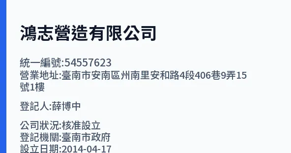 鴻志營造有限公司的照片-統編 54557623(臺南市) 公司登記資料與營業項目詳細圖表