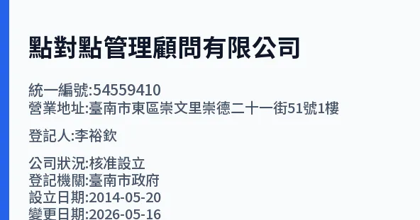 點對點管理顧問有限公司的照片-統編 54559410(臺南市) 公司登記資料與營業項目詳細圖表