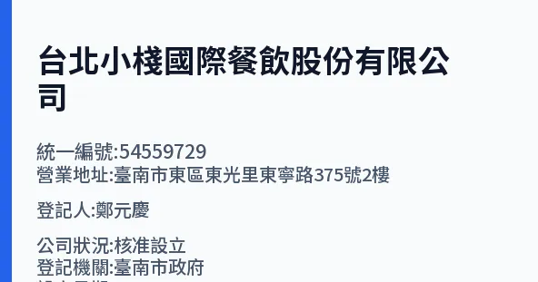 台北小棧國際餐飲股份有限公司的照片-統編 54559729(臺南市) 公司登記資料與營業項目詳細圖表