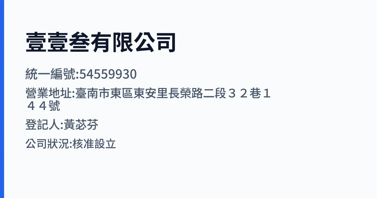 壹壹叁有限公司 - 統編 54559930(臺南市) 公司登記資料與營業項目詳細圖表