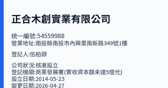 正合木創實業有限公司的照片-統編 54559988(南投縣) 公司登記資料與營業項目詳細圖表
